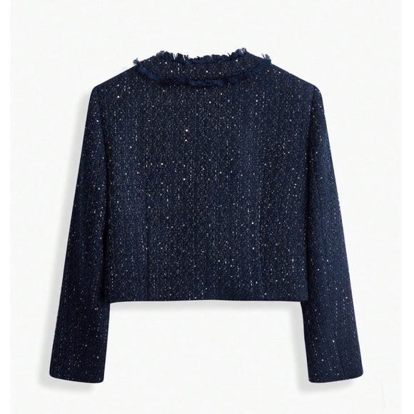 Jackets & Coats | Premium Cropped Glitter Tweed Jacket In Navy Blue ...